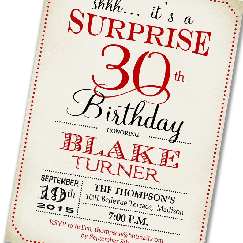 Surprise 30th Birthday Invitation Any Age Red White Black Etsy