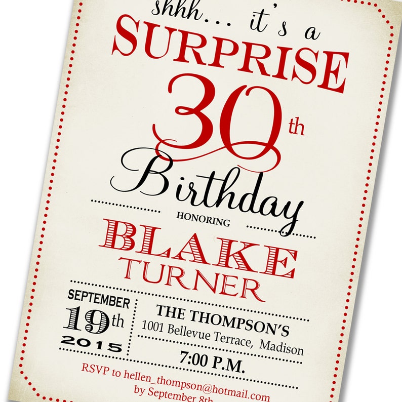 Surprise 30th Birthday Invitation Any Age Red White Black Etsy