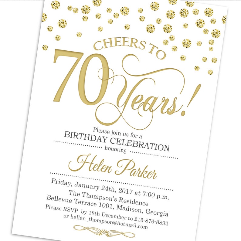 70th Birthday Invitation Any Age Cheers To 70 Years Gold Etsy