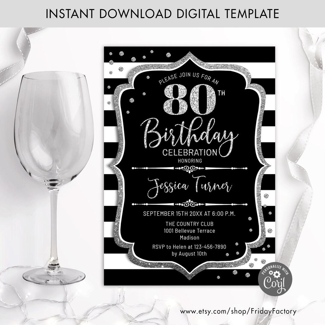 80th Birthday Invitation - INSTANT DOWNLOAD Digital Template. ANY Age ...