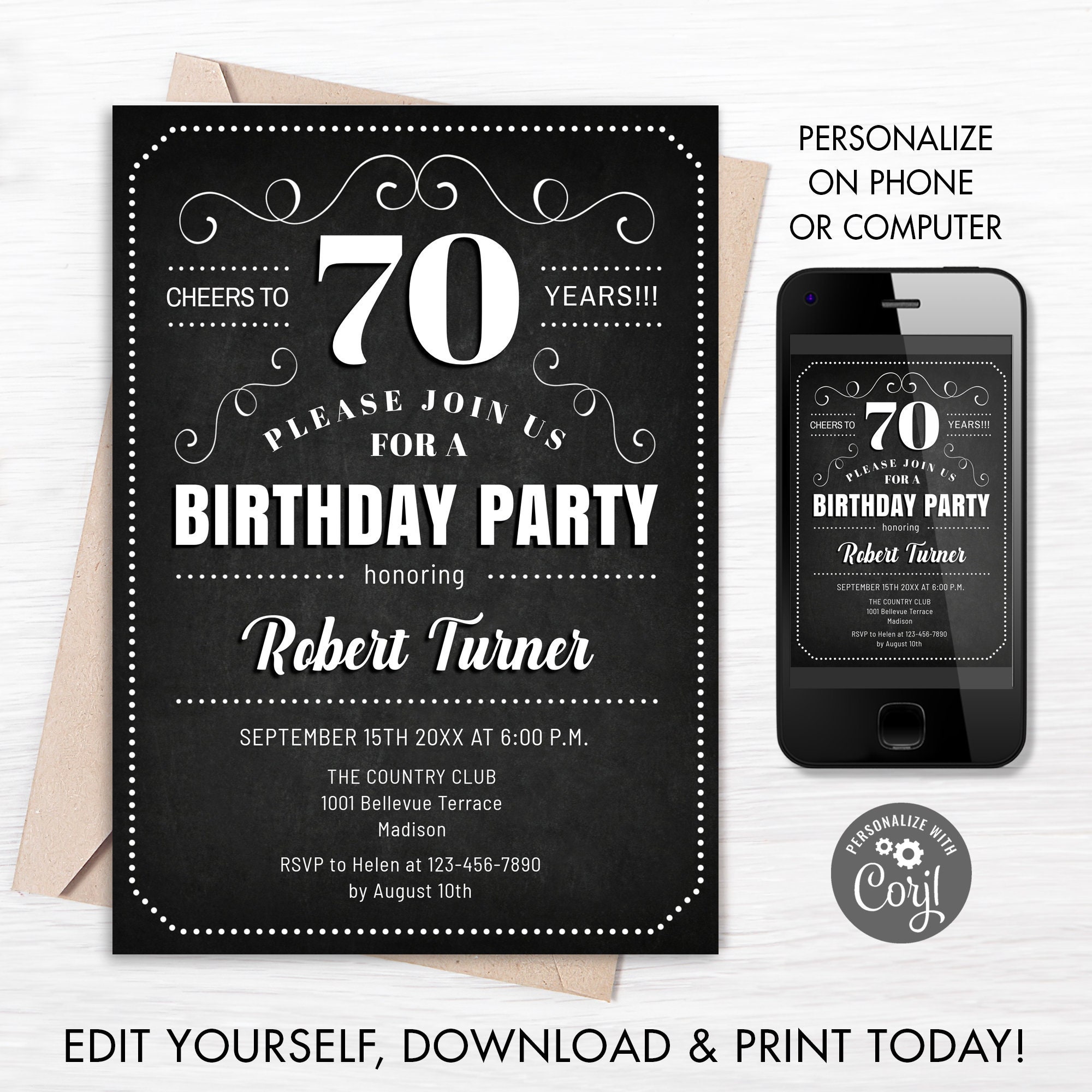 Modern Celebration Seventieth Party Invite Instant Download LP04 005 Modern Celebration Seventieth Party Invite Instant Download LP04 005