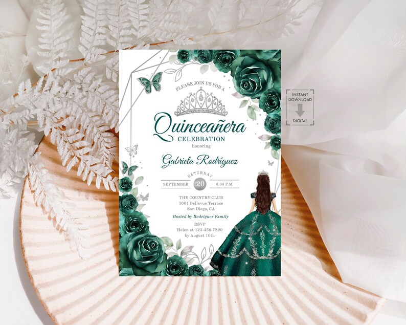 Emerald Green Silver Quinceañera Invitation, Watercolor Floral Roses ...