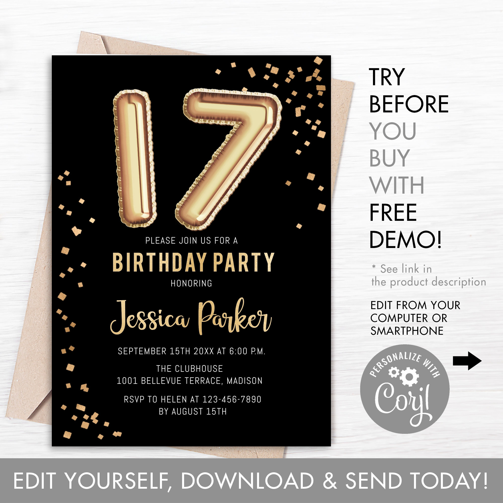 17th Birthday Party Invitation INSTANT DOWNLOAD Digital | Etsy
