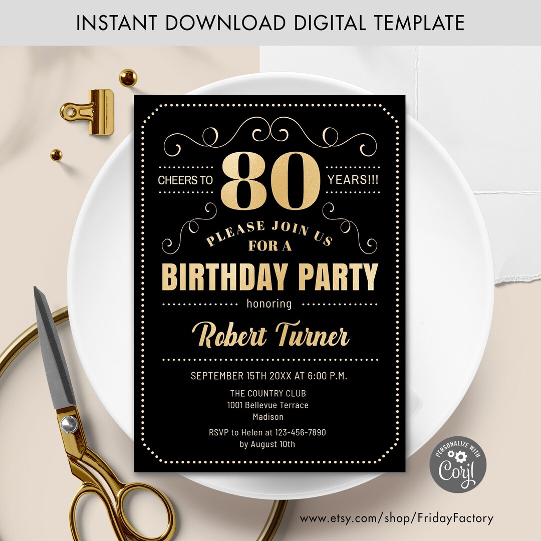 80th Birthday Invitation: Gold & Black, Any Age (digital Template) - Etsy