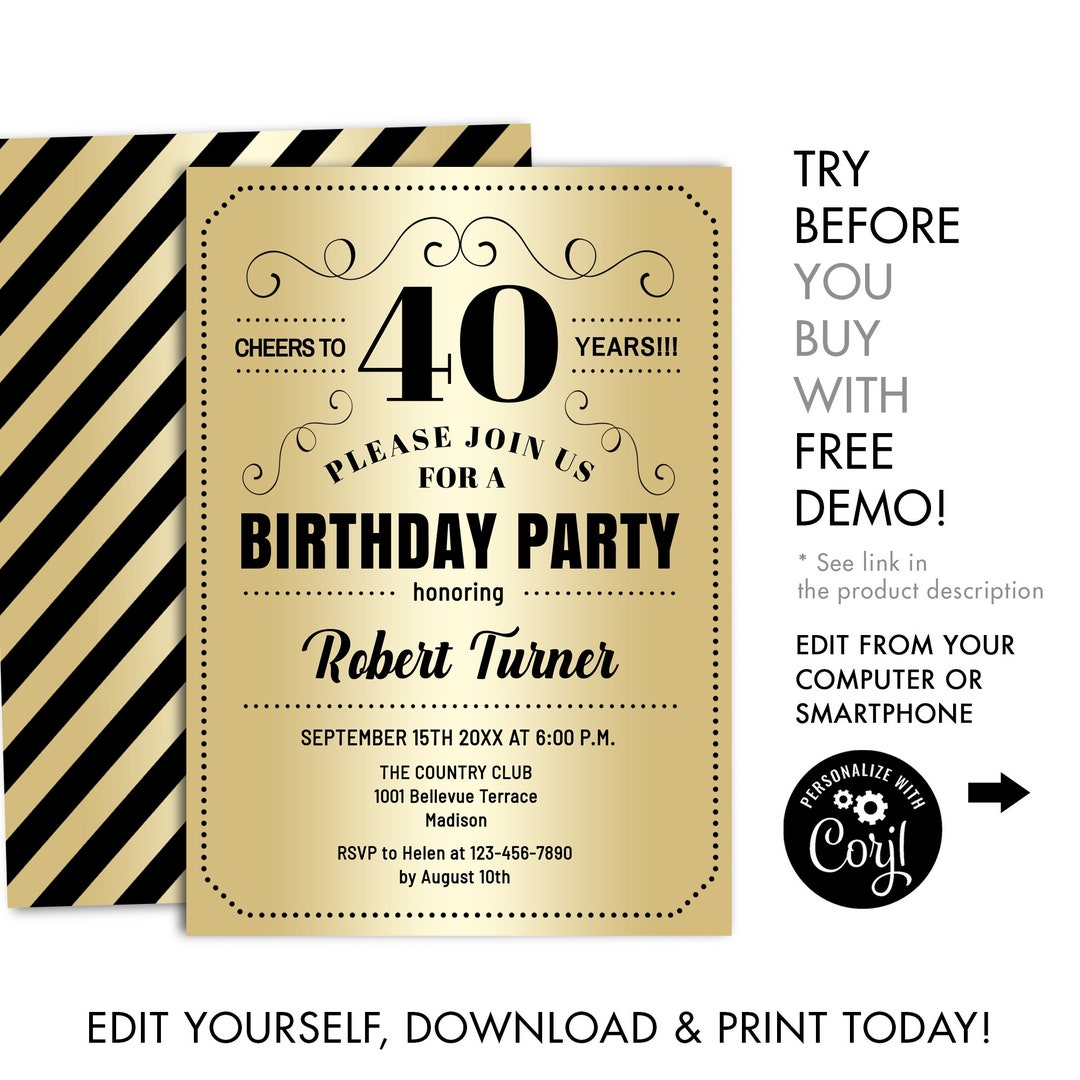40th Birthday Party Invitation INSTANT DOWNLOAD Digital Template. ANY ...