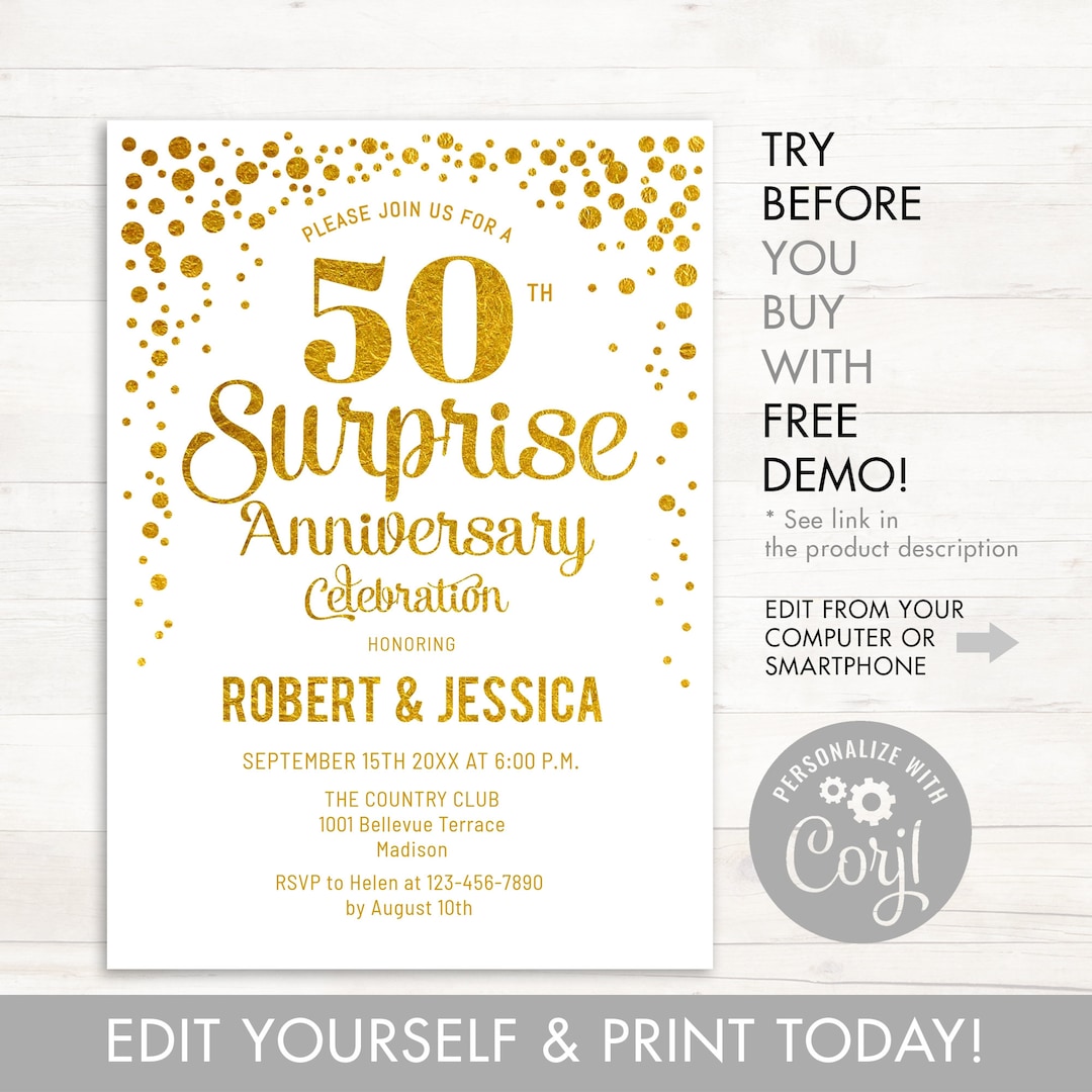 50th Surprise Anniversary Invitation: Glitter Gold, Any Year (digital ...