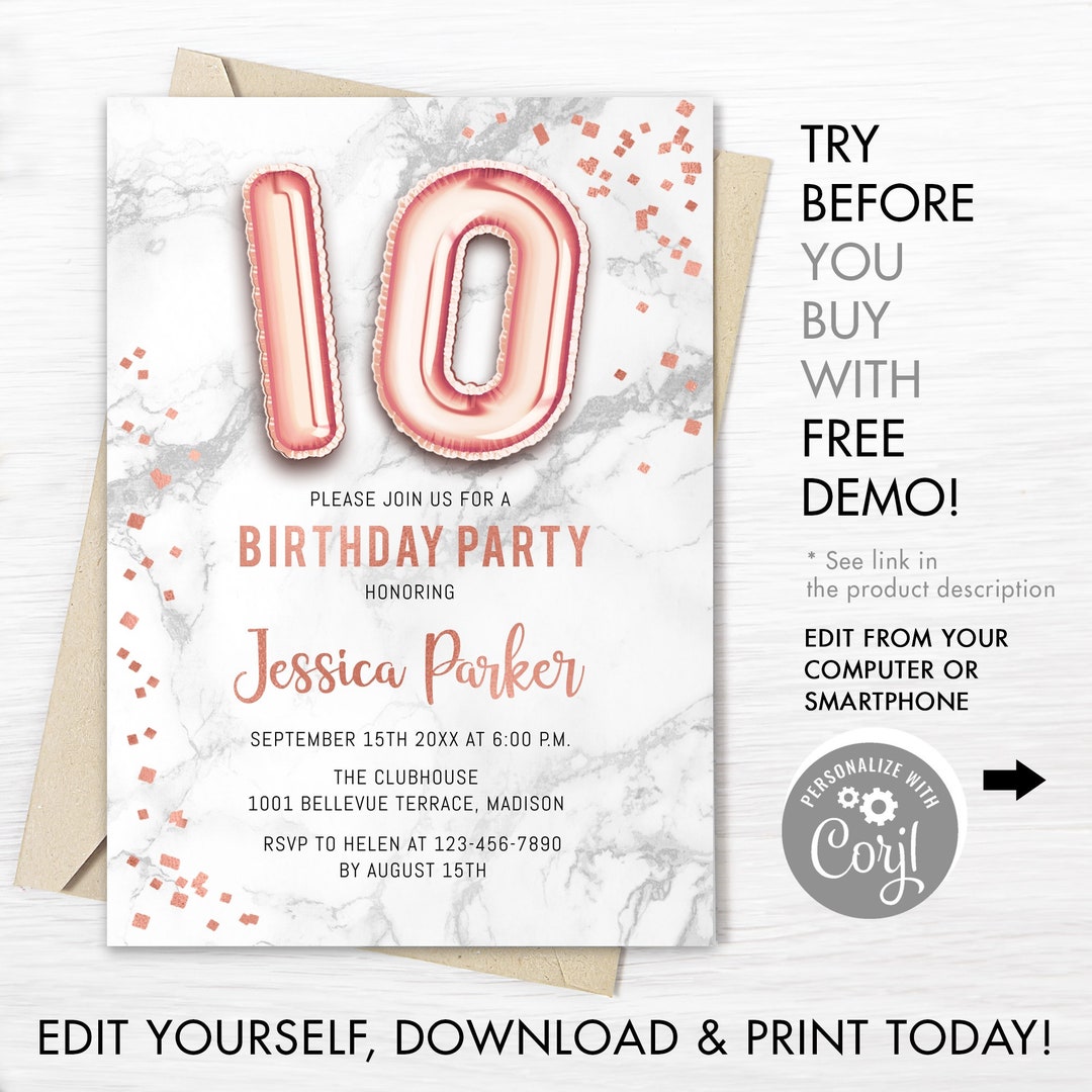 10th Birthday Party Invitation INSTANT DOWNLOAD Digital - Etsy