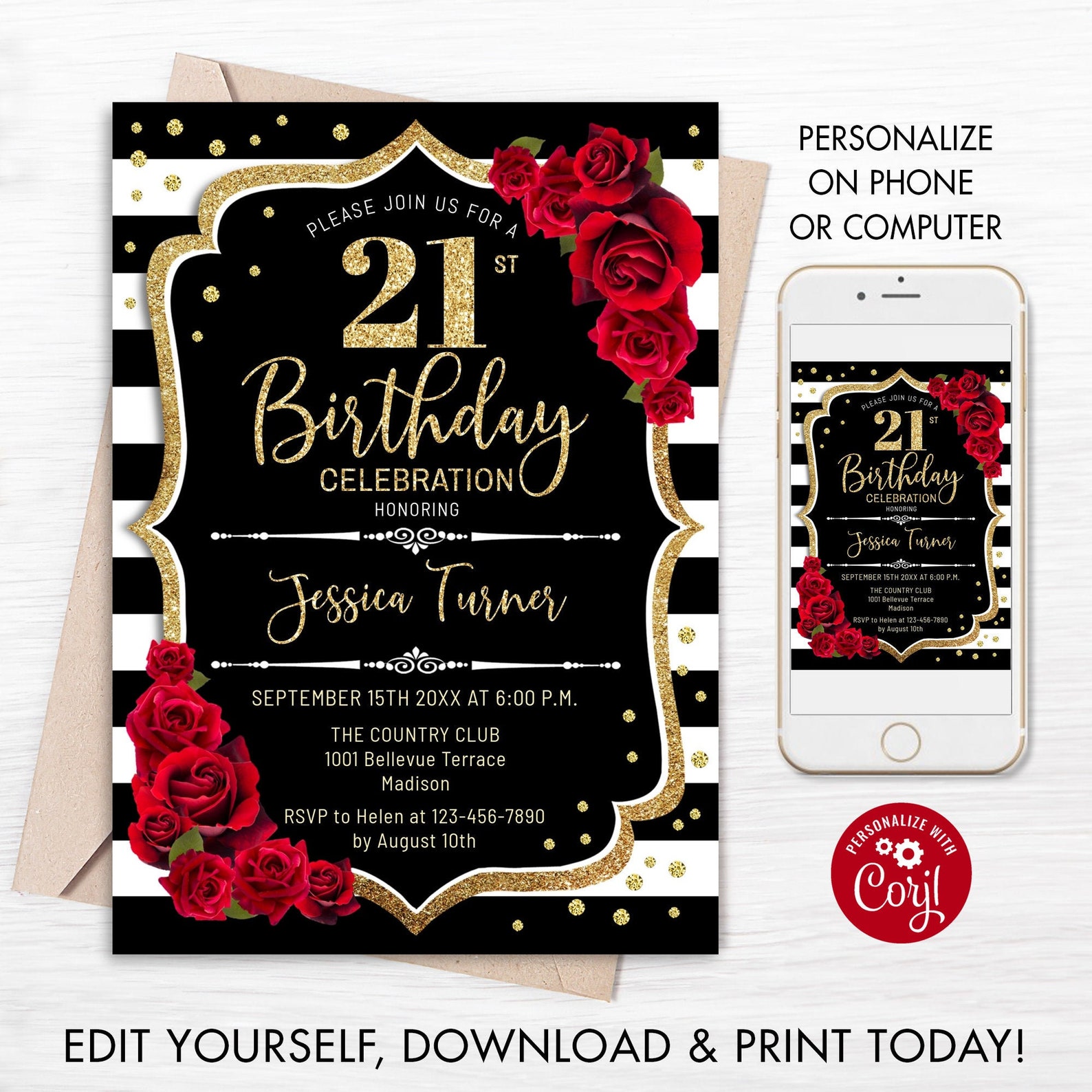 21st Birthday Invitation INSTANT DOWNLOAD Digital Template. | Etsy