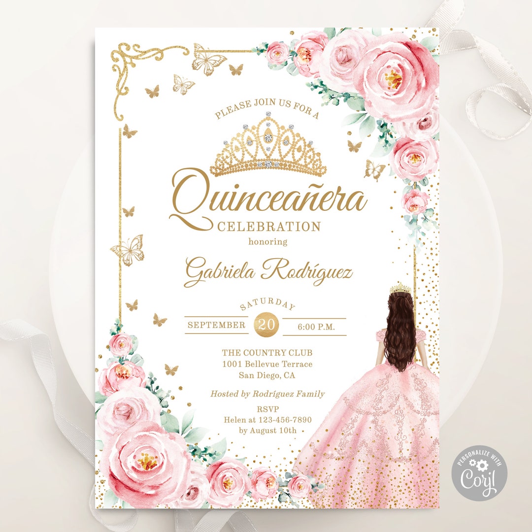 Blush Pink Quinceañera Invitation: Floral Roses & Butterflies (EDITABLE ...