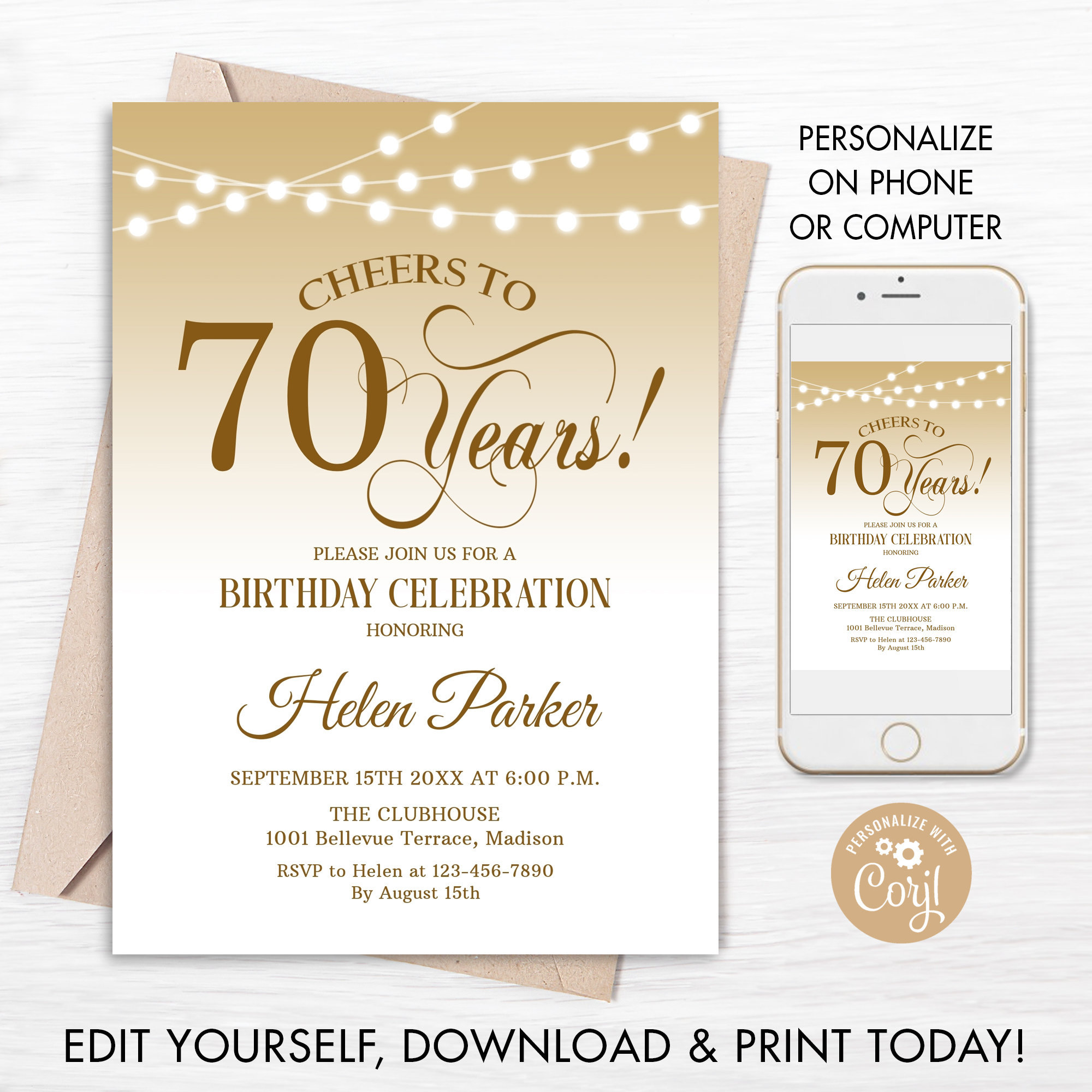 Editable 70th Birthday Party Invitation Instant Download Diy Etsy