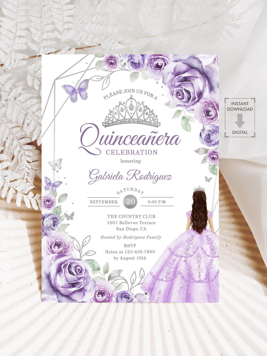 Lilac Purple Quinceañera Invitation, Lilac Silver Floral Roses ...