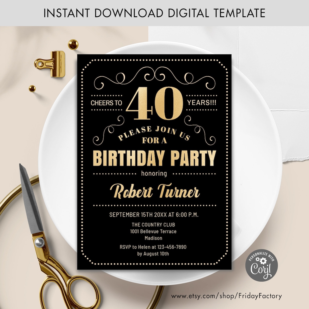 40th Birthday Party Invitation - INSTANT DOWNLOAD Digital Template. ANY ...