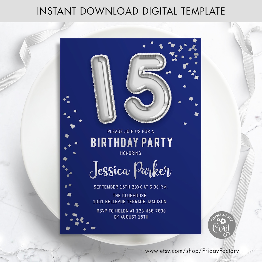 15th Birthday Party Invitation - INSTANT DOWNLOAD Digital Template ...