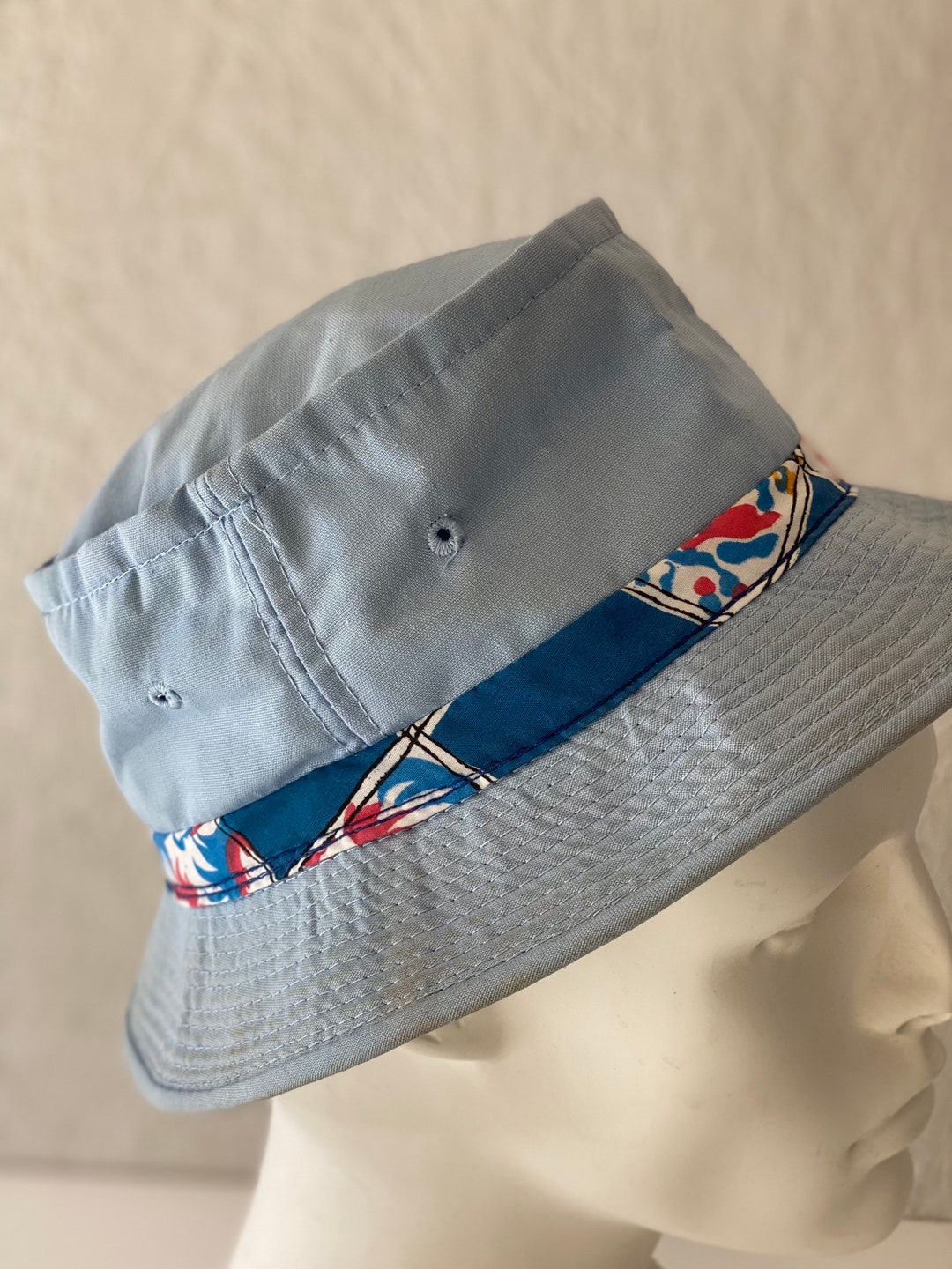 Vintage 70s Baby Blue Bucket Hat With Print Band YA Roll-up Hat Size ...