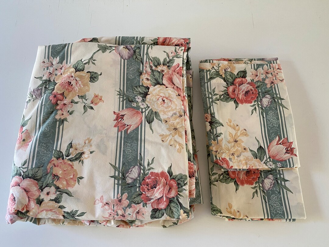 Vintage 80s Floral King Size Sheets Set Cream Golden Yellow Sage Pink ...