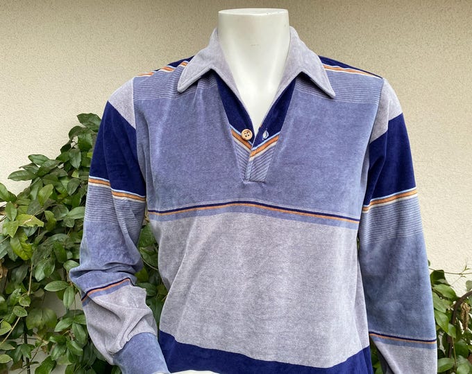 Vintage 70s 80s Striped Velour Shirt Gray Blue Burnt Orange Pullover ...
