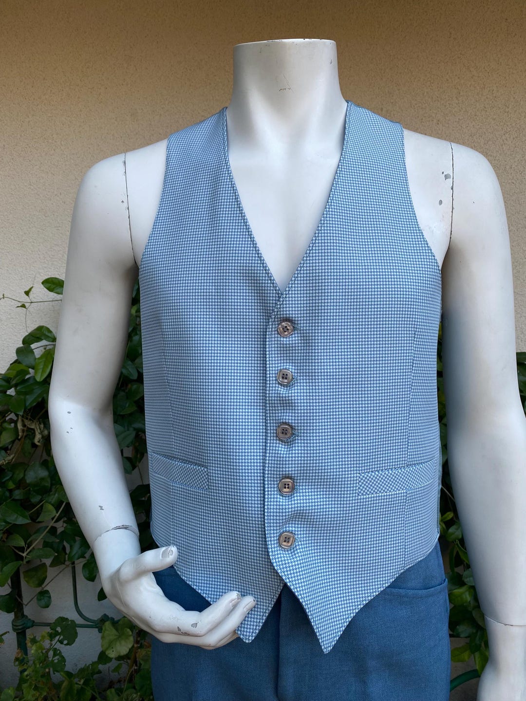 Vintage 70s Reversible Suit Vest Blue Houndstooth Checked Solid Pocket ...