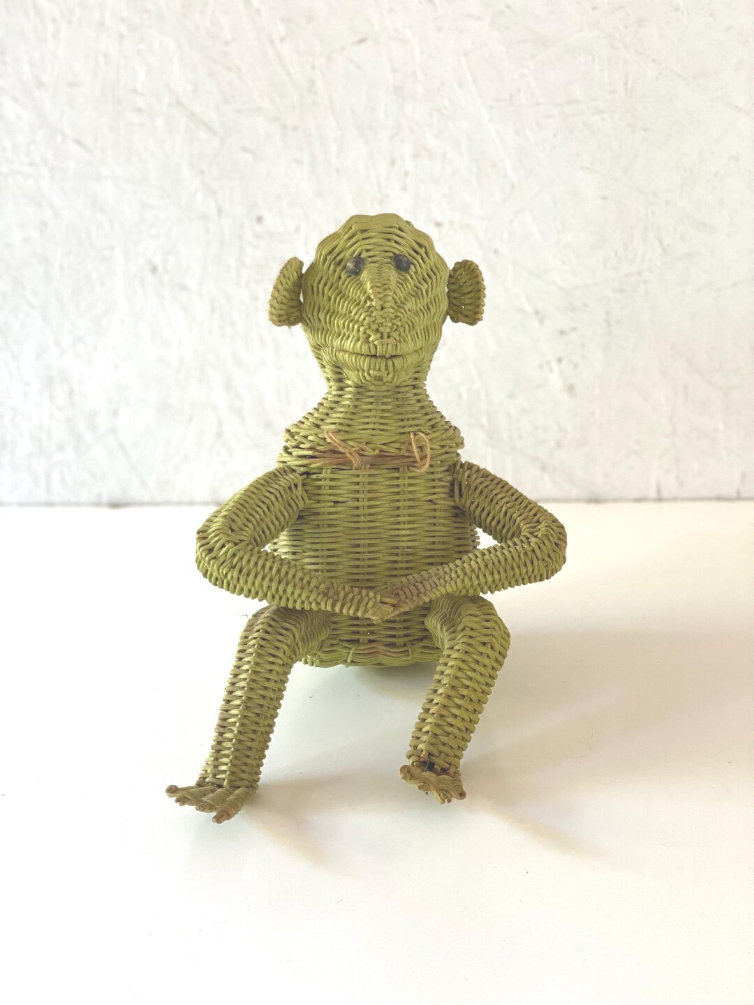 Vintage Wicker Monkey Basket MCM Green Rattan Collectible Monkey Figure ...