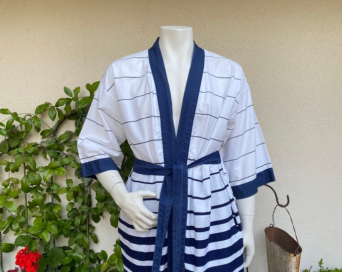 Vintage Playboy Summer Robe Striped Blue White Asian Style Kimono Robe ...