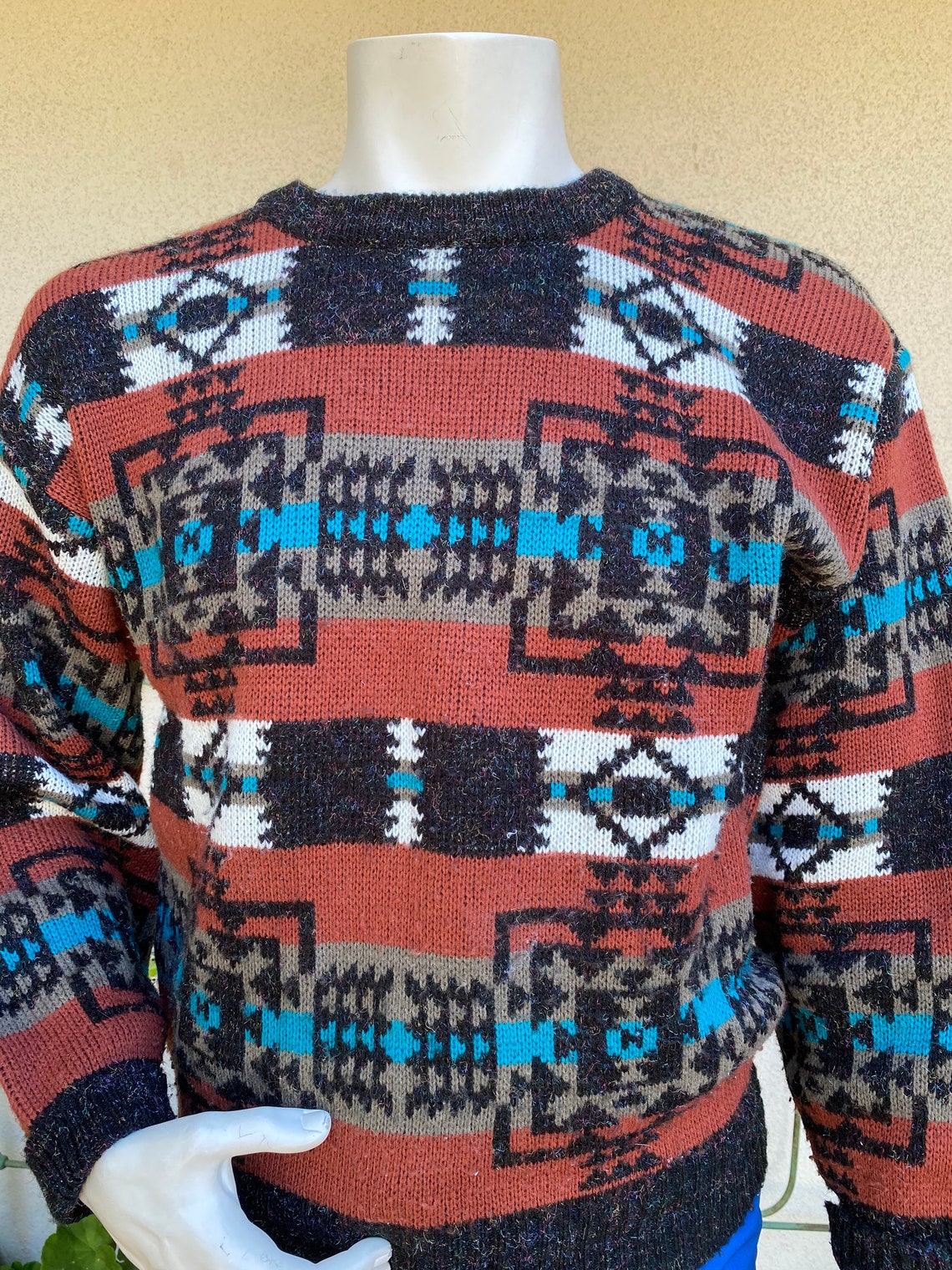Vintage Southwestern Print Sweater Men Wool Blend Rust Turquoise Black ...