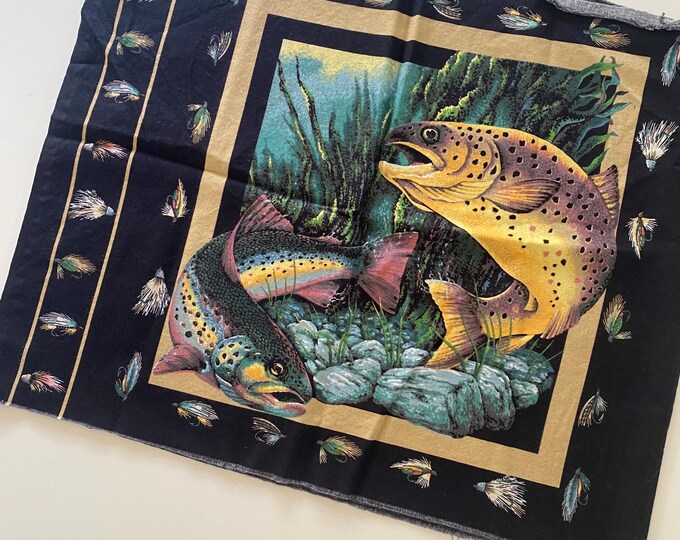 Vintage Black "trout Fly Fishing" Fabric Panel Fly-fishing Lures Print ...