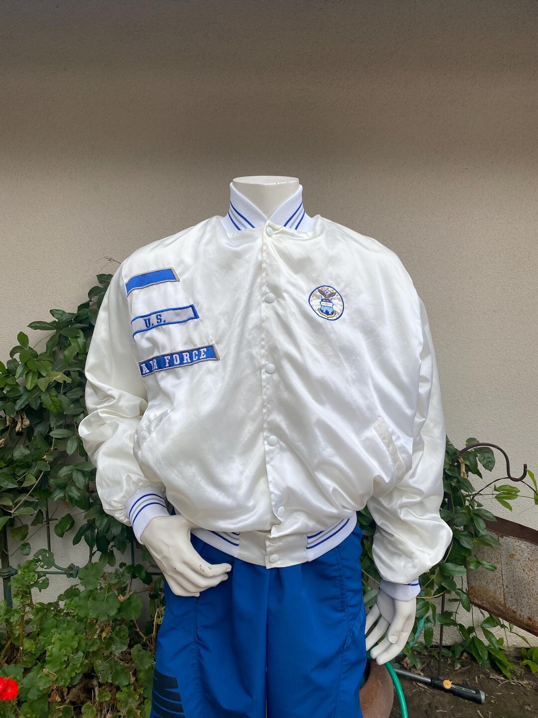 Vintage 80s US Air Force Satin Jacket White Blue Patch Snap up Coat by ...