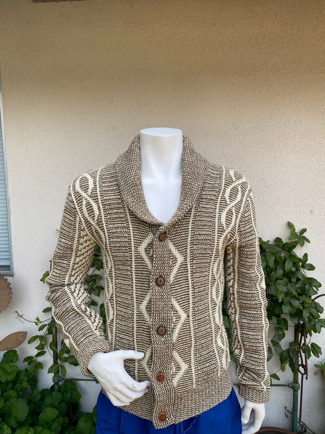 Vintage 70s Pebble Beach Cardigan Sweater Cable Knit Cream Mocha Shawl ...