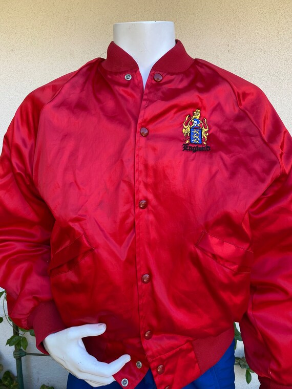 Vintage Red Satin Bomber England Jacket Snap Up Engla… - Gem