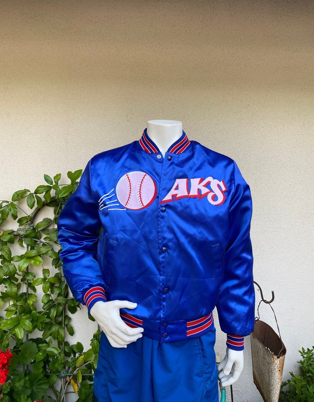80s Satin Baseball Jacket Swingster Blue Red White Stripes AKS 1980s ...