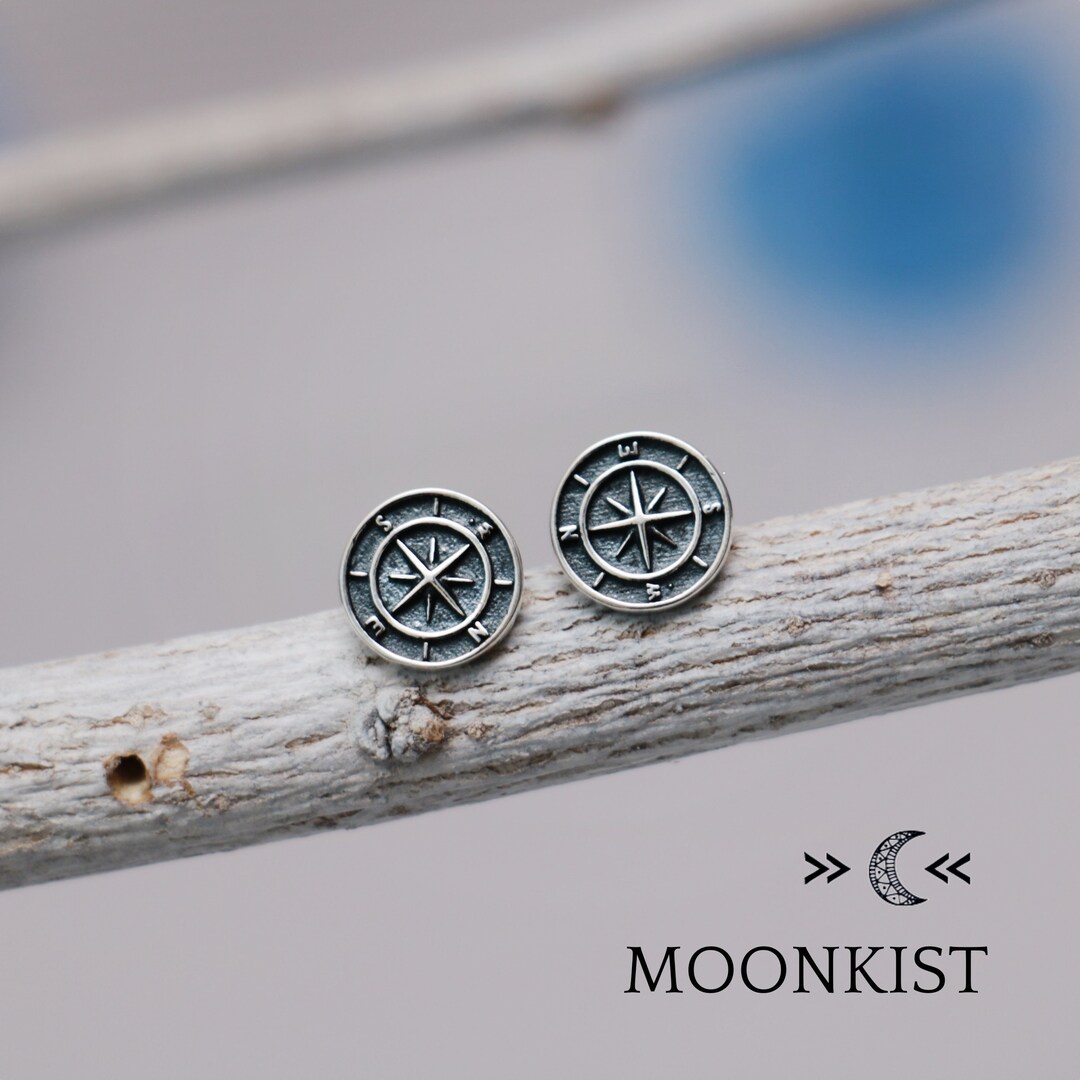 Tiny Compass Stud Earrings, 925 Sterling Silver Nautical Earrings ...