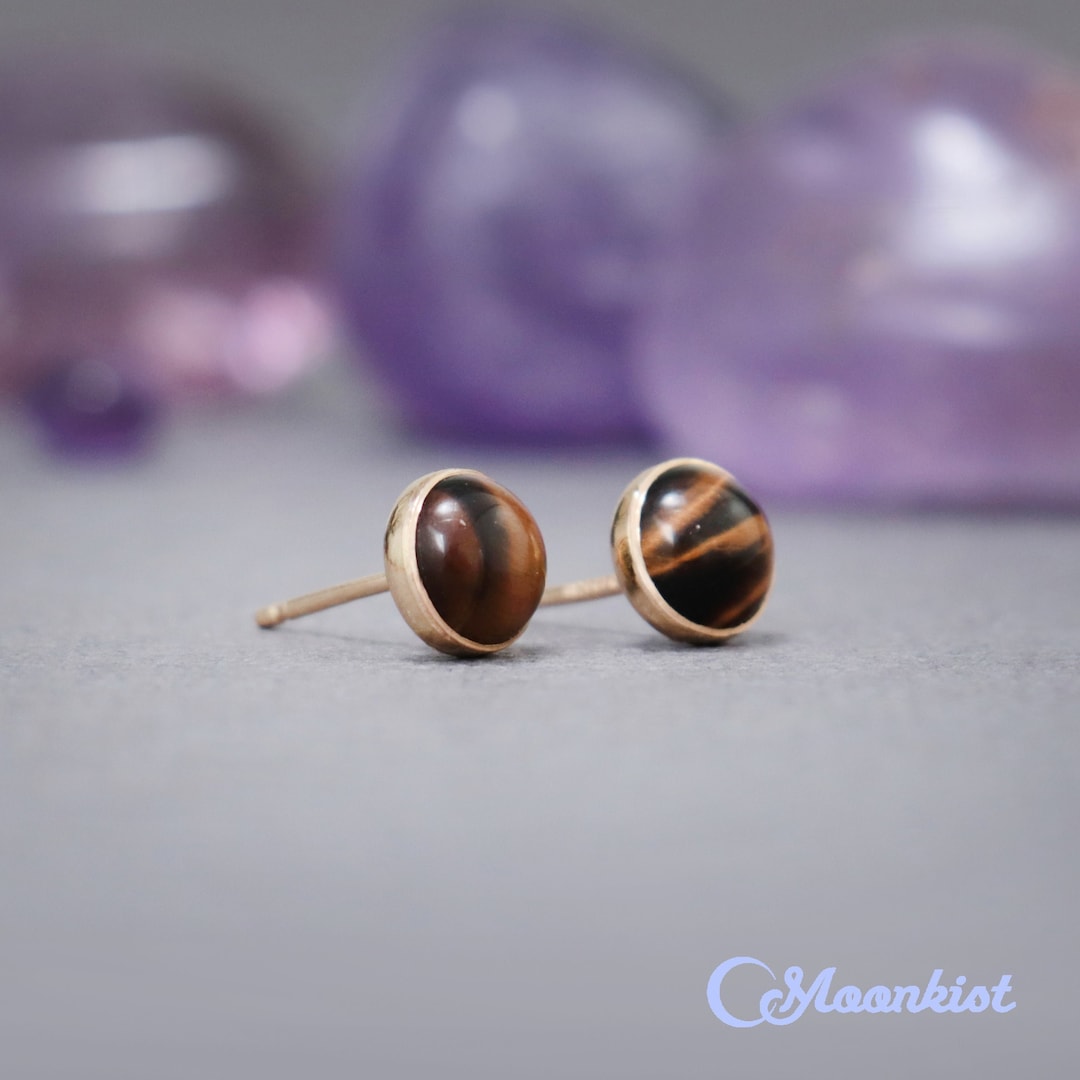 Natural Tiger's Eye Stud Earrings, 14K Gold Filled Tiger Eye Earrings ...