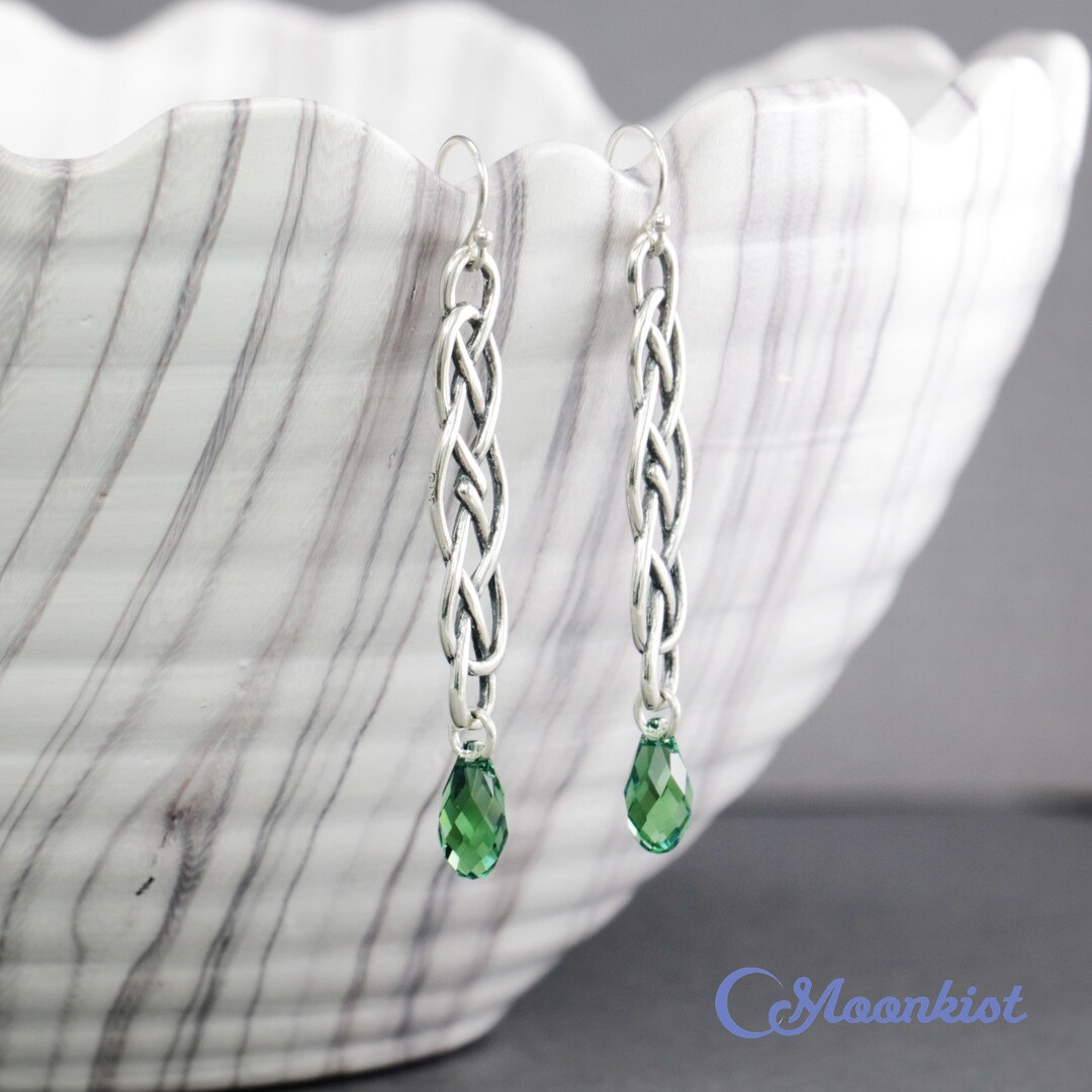 Long Celtic Dangle Earrings With Green Crystals, Long Sterling Silver Earrings, Celtic Drop ...
