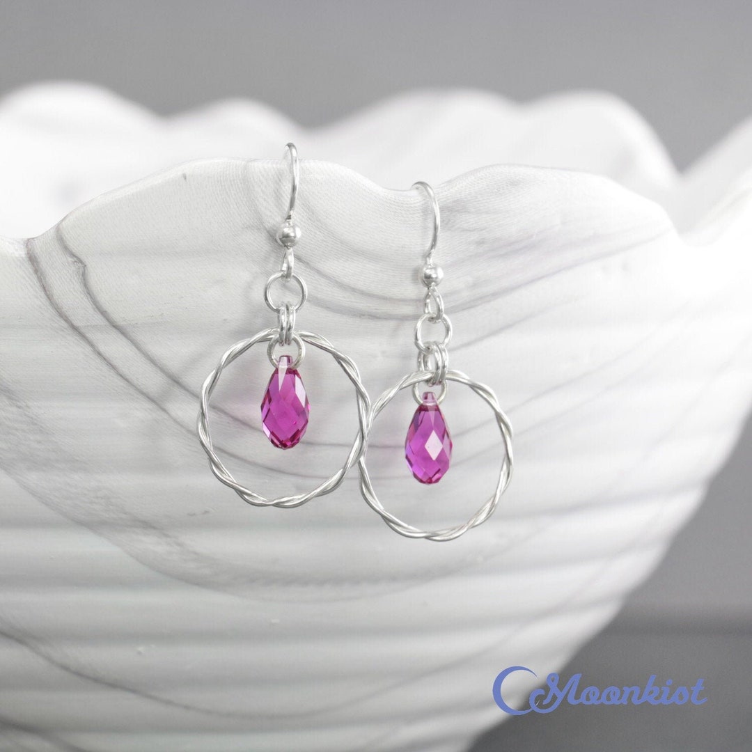 Long Pink Crystal Drop Earrings, Sterling Silver Pink Dangle Earrings ...