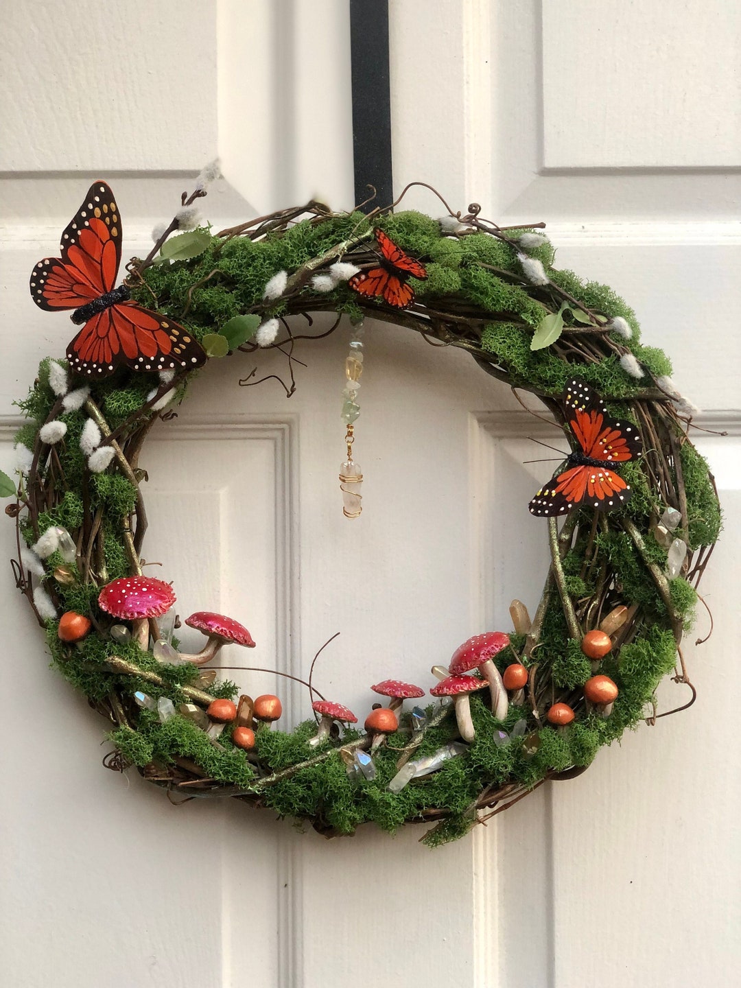 Monarch,mushroom and Moss Wreath, Crystal Wreath With Optional Fairy - Etsy