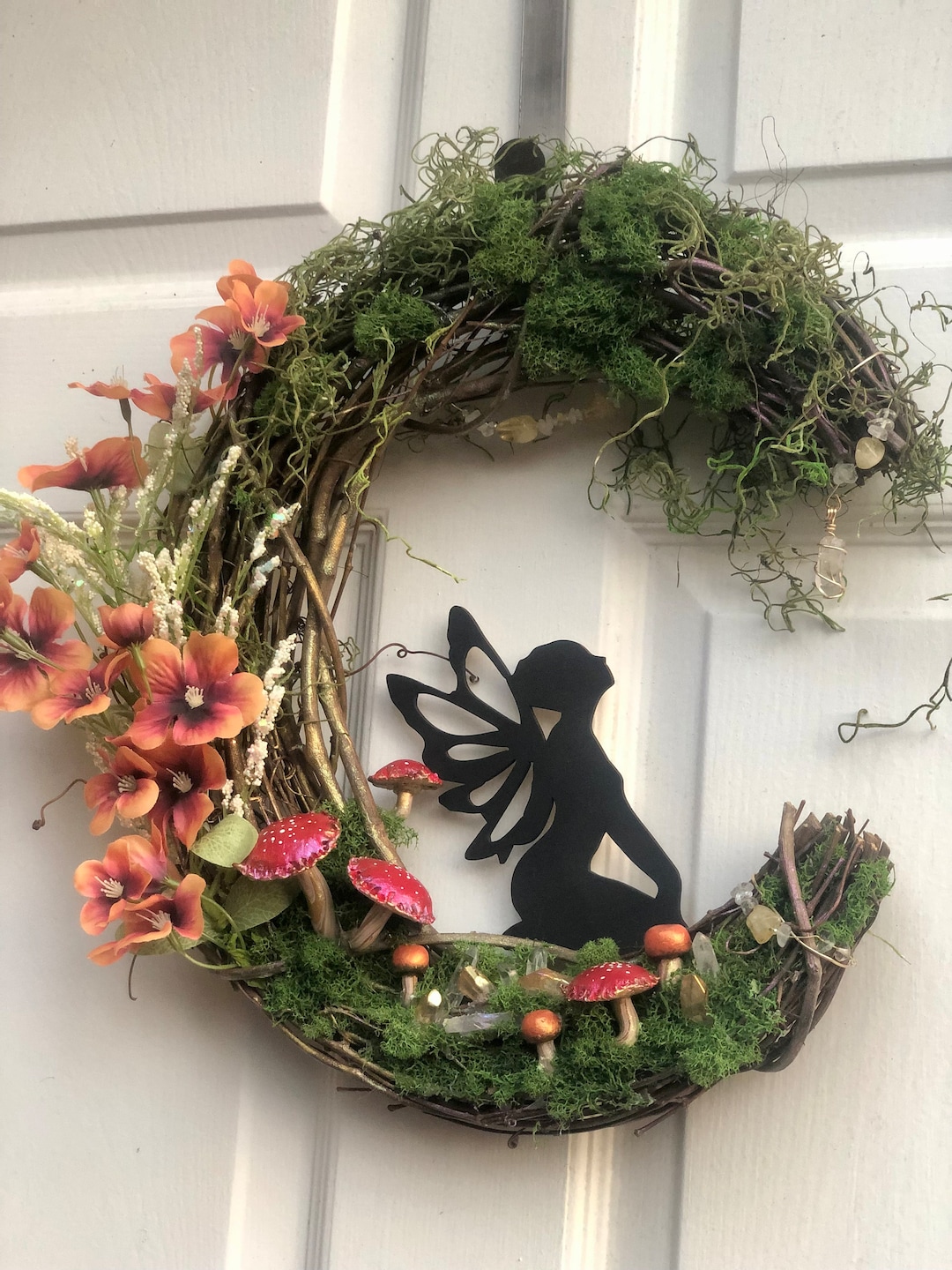 Fairy Tree/ Mushroom, Moss, Fairies and Crystal Crescent Moon Wreath - Etsy