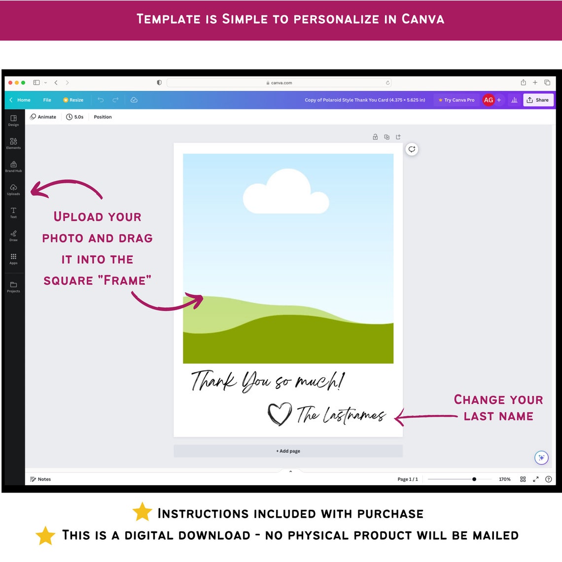 Wedding Thank You Card Template | Polaroid Style | Personalize and Edit ...