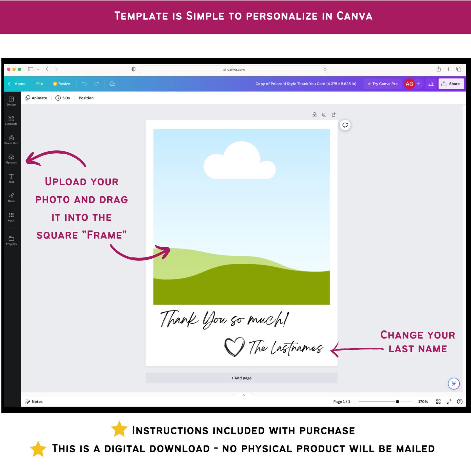 Wedding Thank You Card Template | Polaroid Style | Personalize and Edit ...
