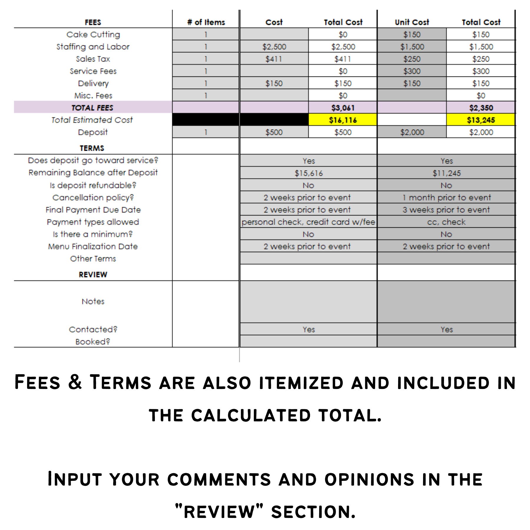Wedding Catering Comparison Spreadsheet event Planning Template, Compatible With Excel and ...