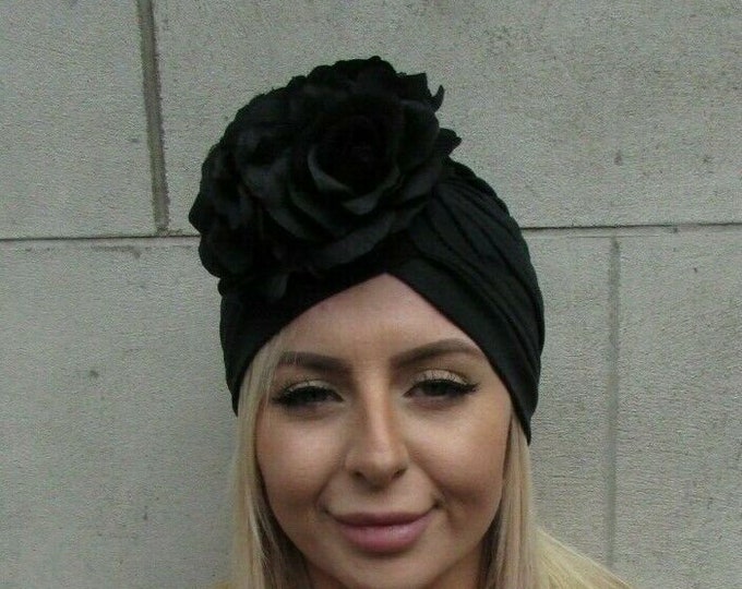 Black Rose Flower Turban Headpiece Floral Hat Stretch Hair Cover 1940s ...