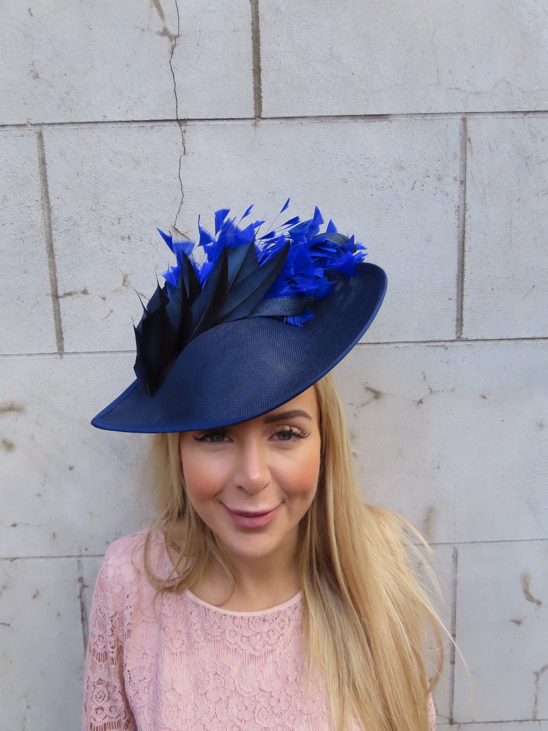 Large Navy Blue & Royal Blue Feather Fascinator Hat Big Teardrop ...
