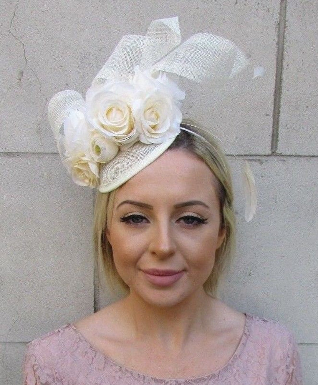 Cream Sinamay Rose Flower Feather Pillbox Hat Fascinator Races Hair ...