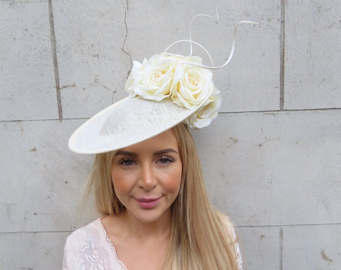 Large Rich Cream Champagne Rose Flower Sinamay Hat Fascinator Disc ...