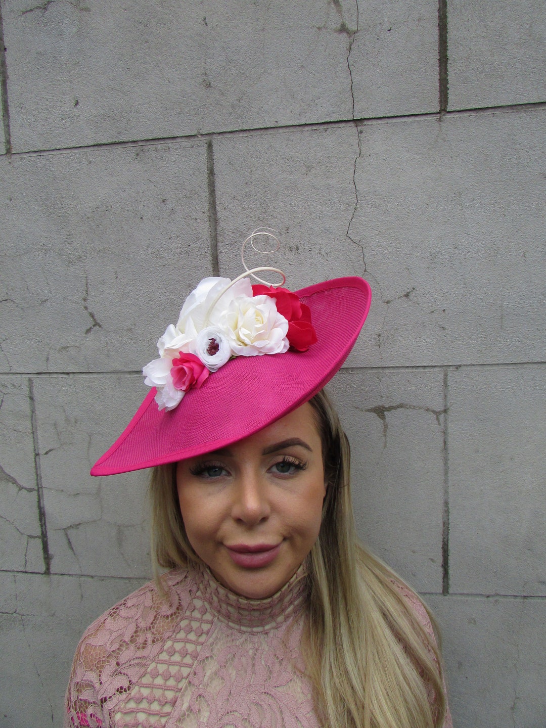 Large Hot Pink Cream Ivory Cerise Flower Teardrop Fascinator Hat Races ...