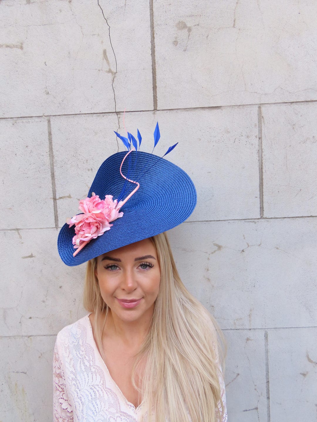 One off Piece Large Dusky Blush Pink Royal Blue Flower Feather Hat ...