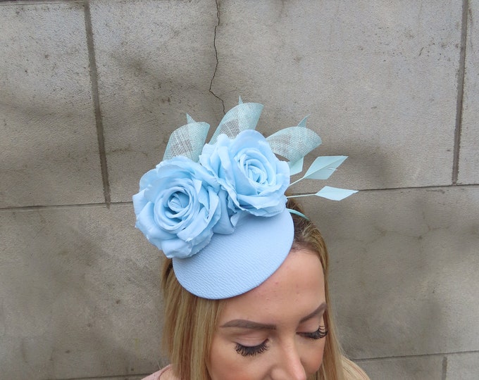 New Duck Egg Light Blue Rose Flower Feather Hat Fascinator Races ...