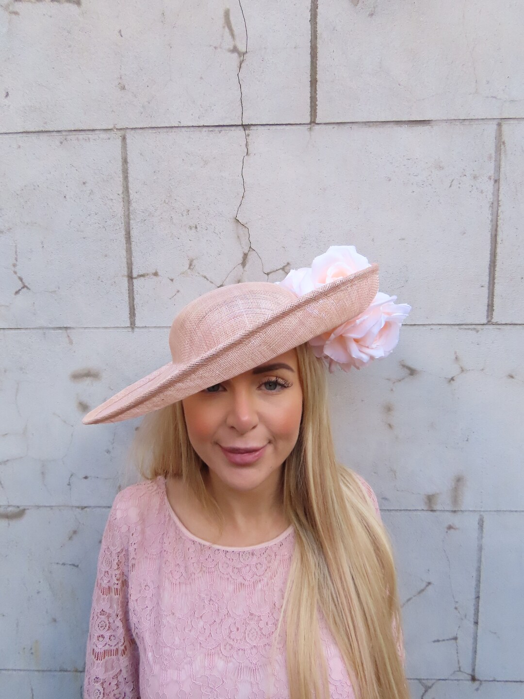 Large Nude Peach Sinamay Rose Flower Floral Fascinator Disc Hat Saucer ...