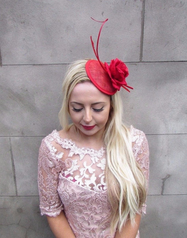 Red Sinamay Rose Feather Pillbox Hat Fascinator Formal Races Hair Clip ...