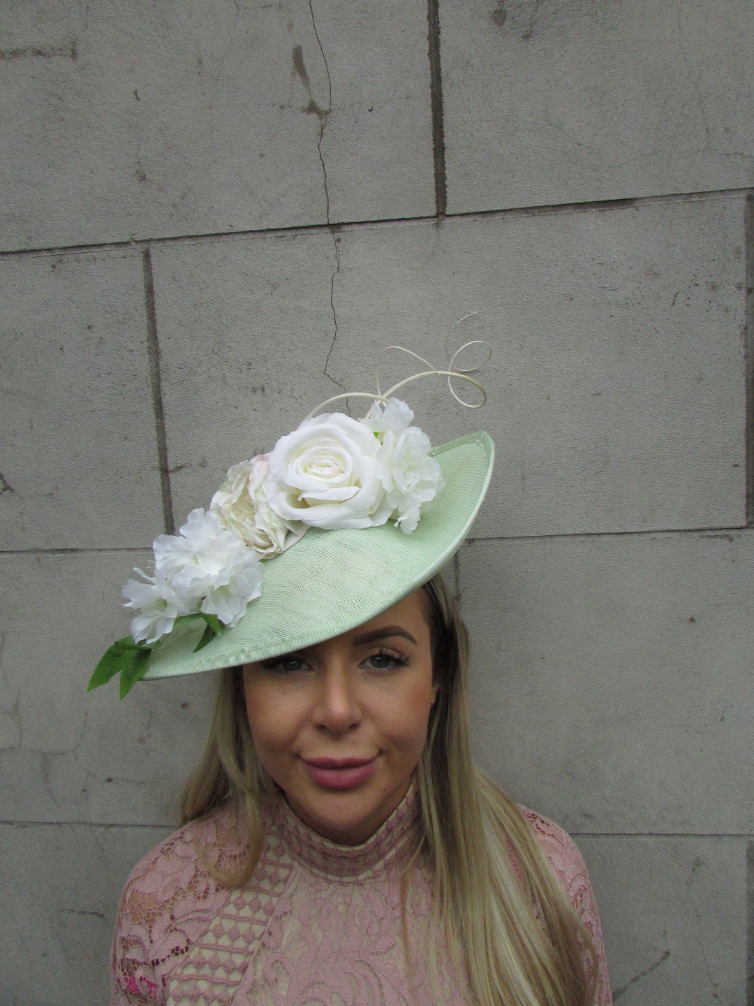 Large Mint Green Cream Flower Fascinator Hat Big Teardrop Wedding Races ...