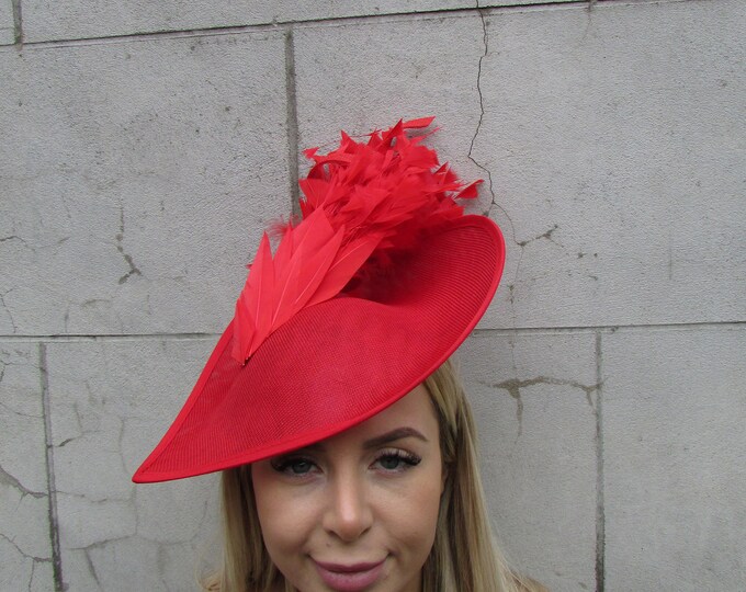 Large Bright Red Feather Fascinator Hat Teardrop Wedding Mother of ...