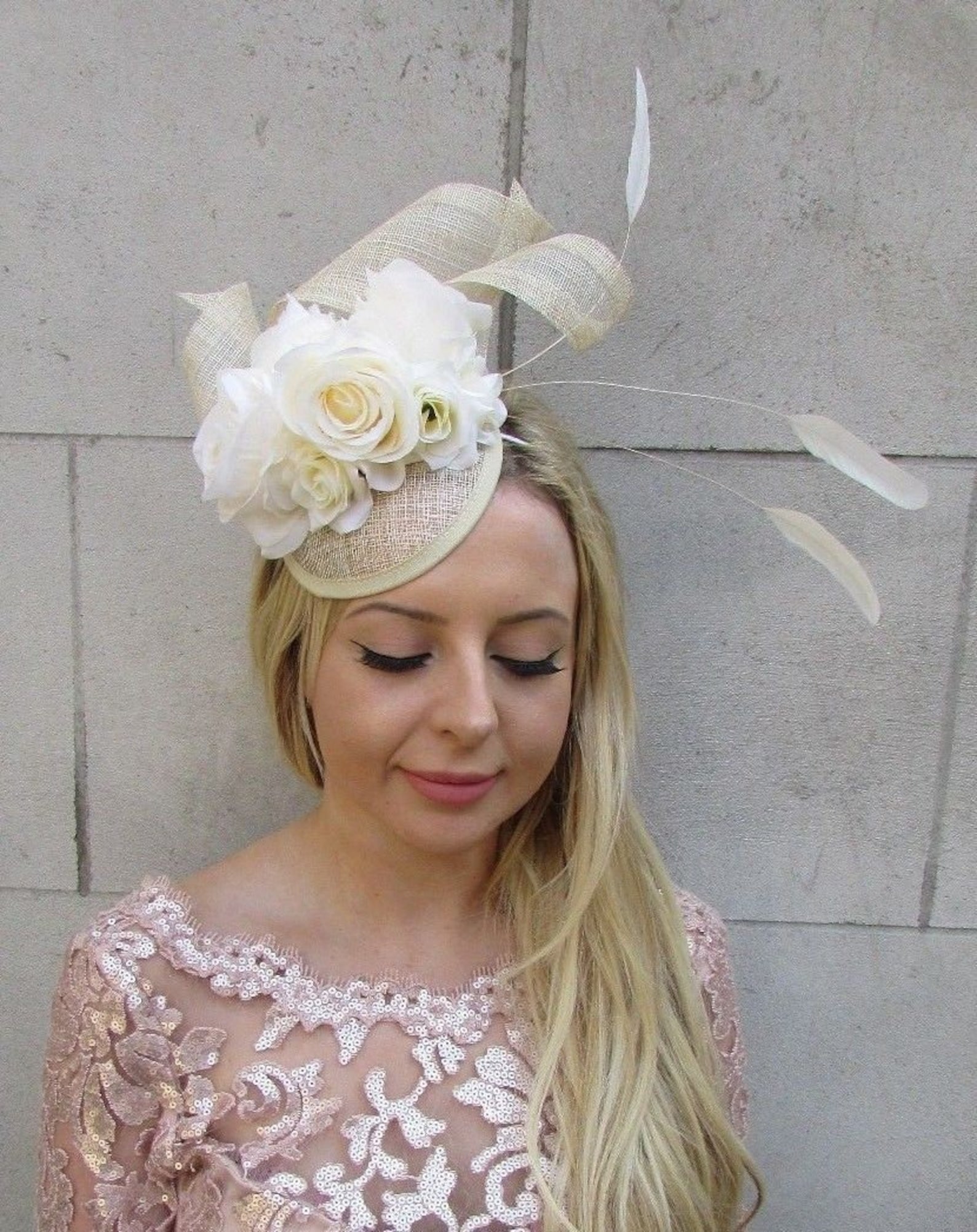 Beige Cream Sinamay Rose Flower Feather Pillbox Hat Fascinator Races ...